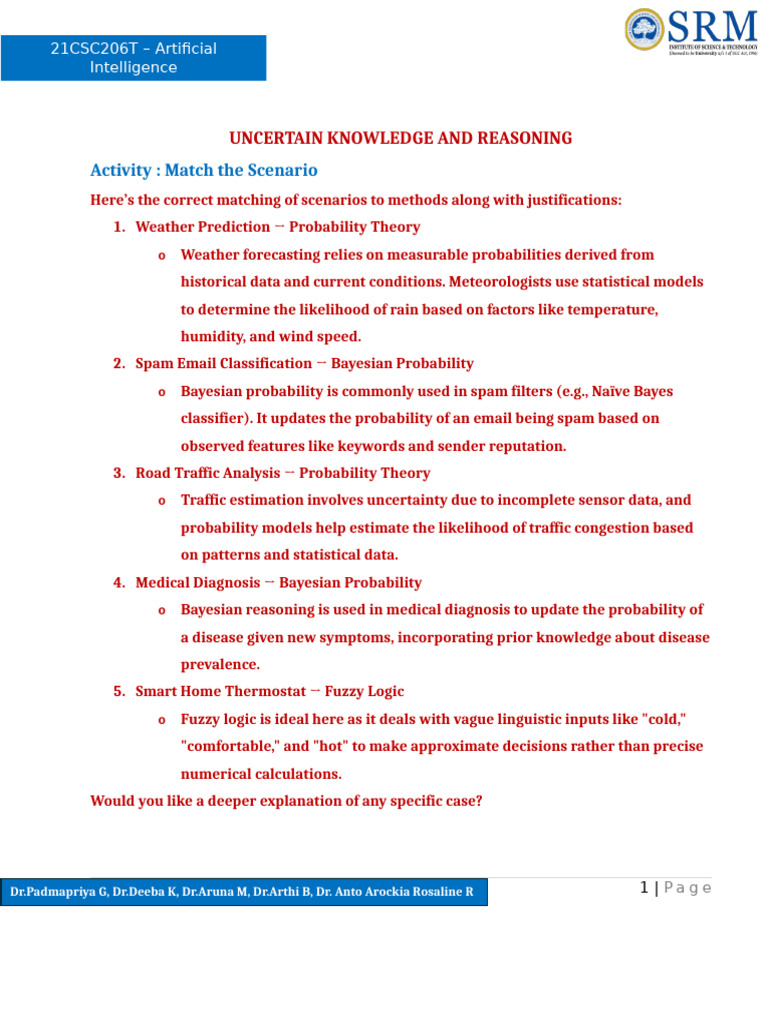 Activity: Match The Scenario: Uncertain Knowledge and Reasoning | PDF