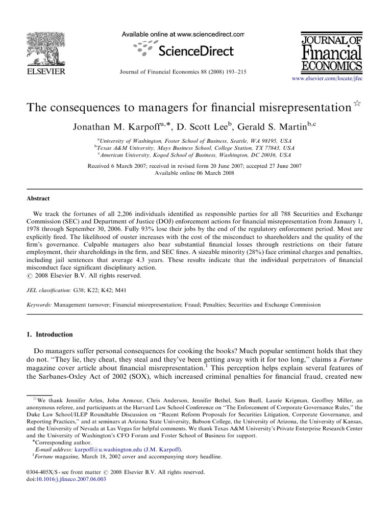 2008 JFE The Consequences To Managers For Financial Misrepresentation ...
