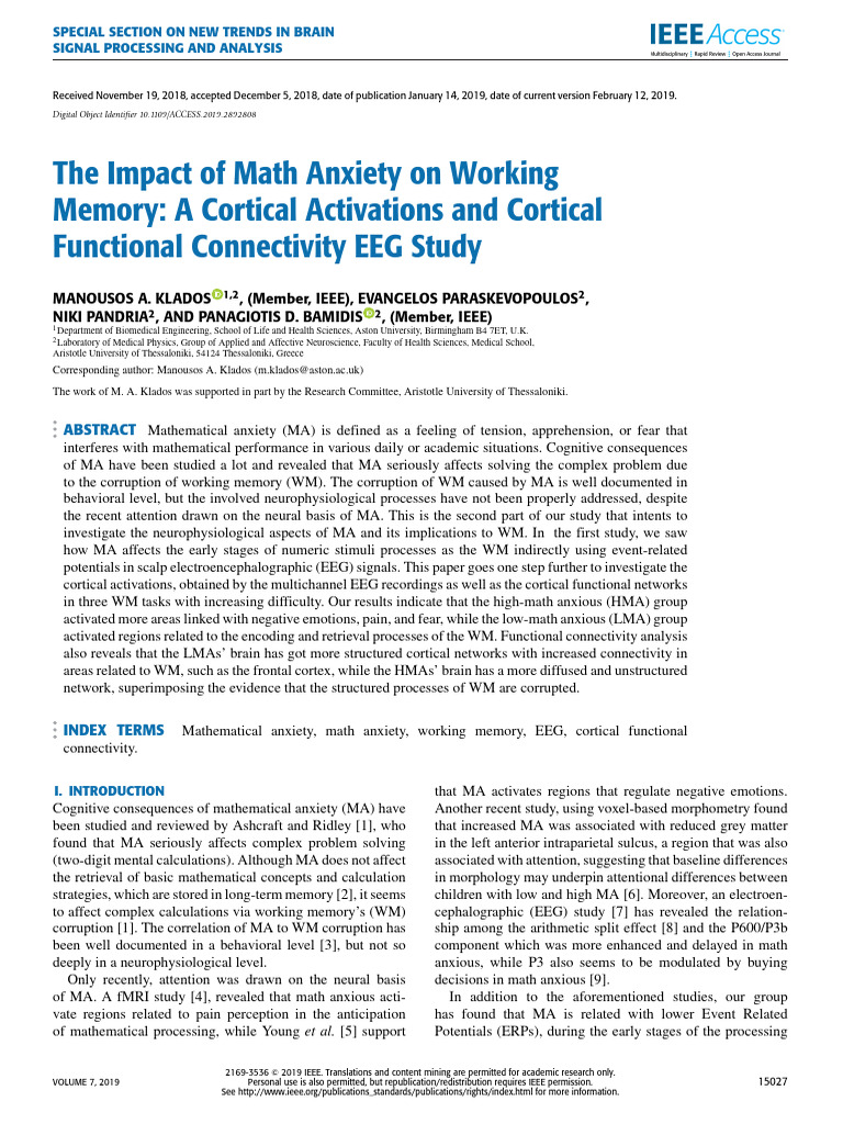 The Impact of Math Anxiety On Working Memory A Cortical Activations and Cortical Functional ...