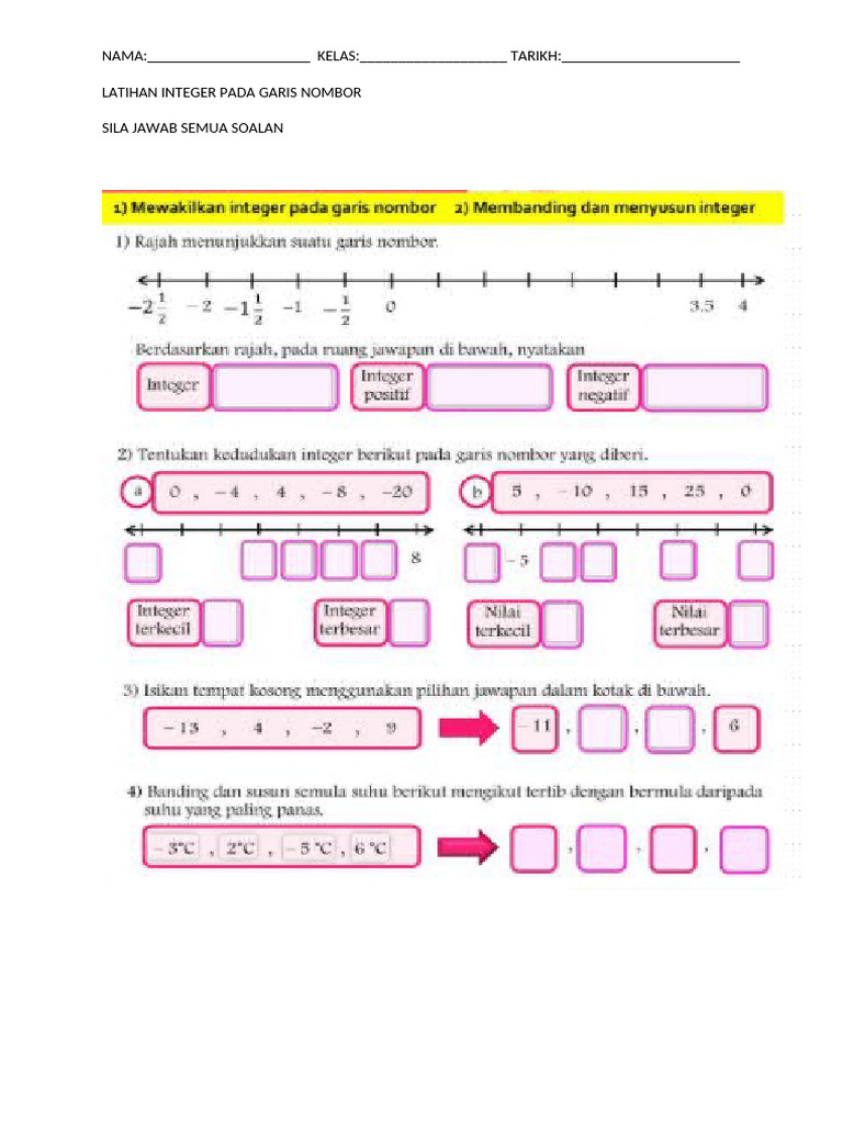 Latihan Integer Pada Garis Nombor f1 | PDF