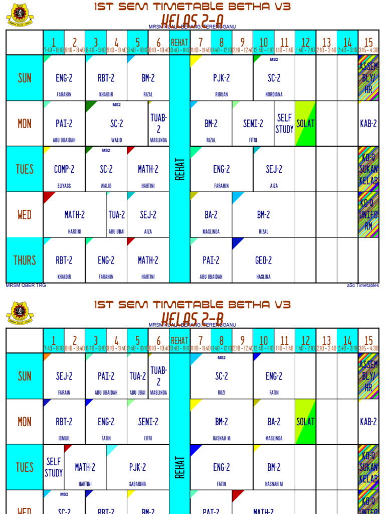 MRSM Kuala Berang 1st Sem Timetable | PDF
