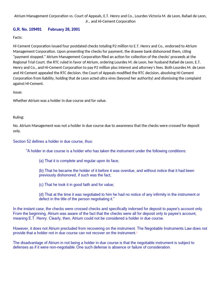 Atrium Management Corporation vs. Court of Appeals | PDF | Negotiable ...