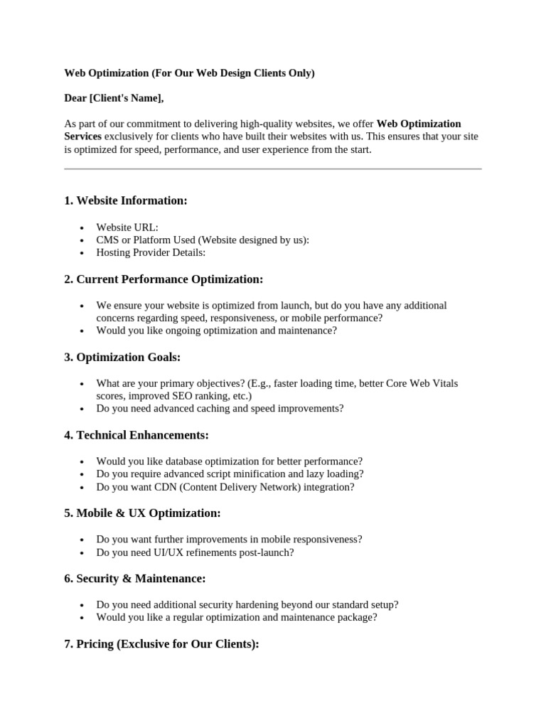 Web Optimization Requirements Document | PDF
