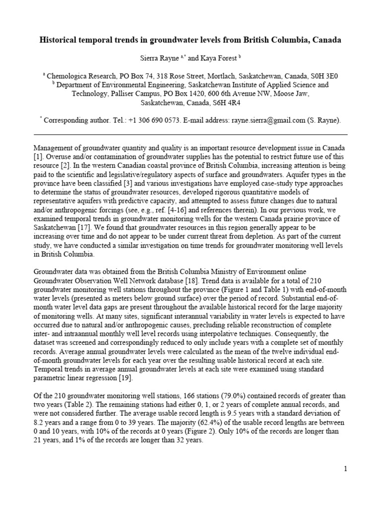 Historical Temporal Trends in Groundwater Levels From British Columbia ...