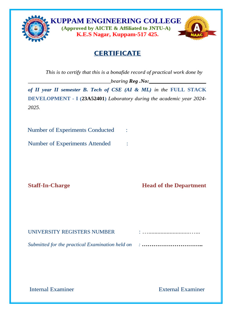FSD Certificate for Kuppam Engineering College | PDF