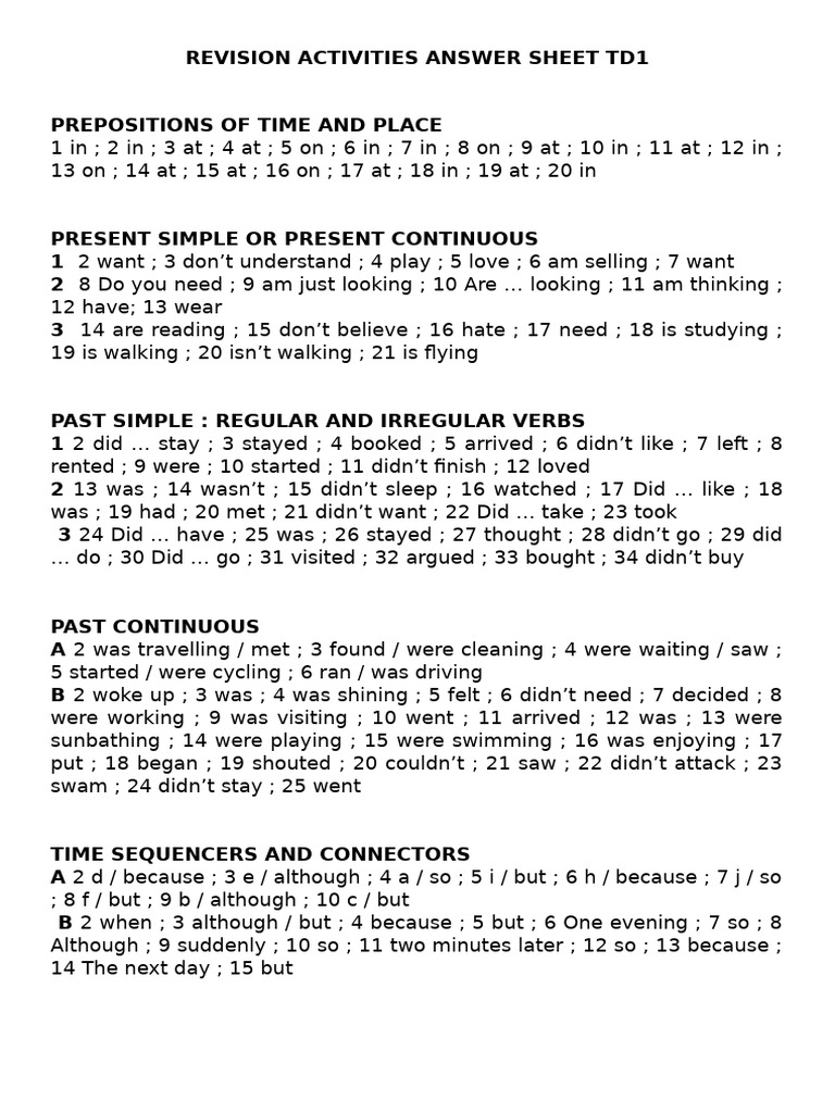 REVISION ACTIVITIES ANSWER SHEET TD1 SEF | PDF