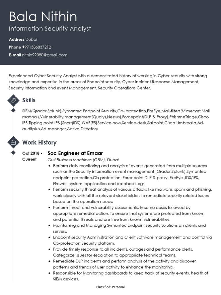 Bala Nithin - Soc - Resume Cyber Security | PDF | Computer Security ...