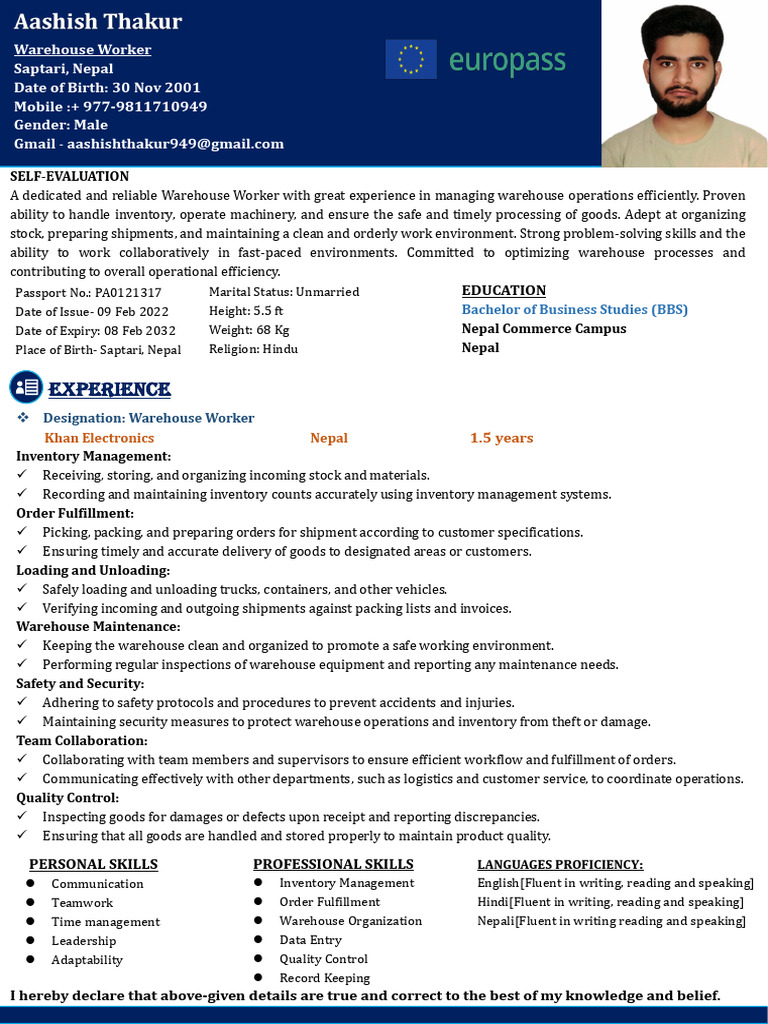 Aashish Thakur cv for Luxembourg(Warehouse Worker) | PDF | Warehouse | Inventory
