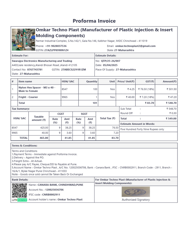 Proforma Invoice - Swarajya Electronics Manufacturing and Trading - QTP ...
