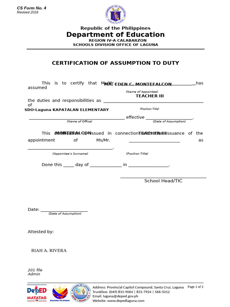Certification of Assumption to Duty Form | PDF | Philippines