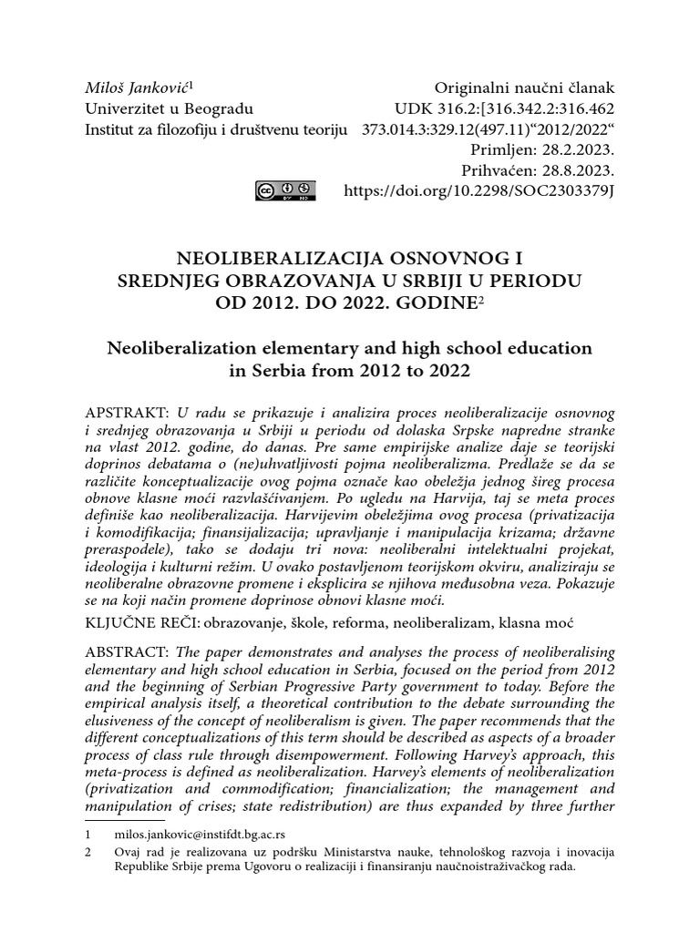 Miloš Janković Neoliberalizacija Osnovnog I Srednjeg Obrazovanja U ...