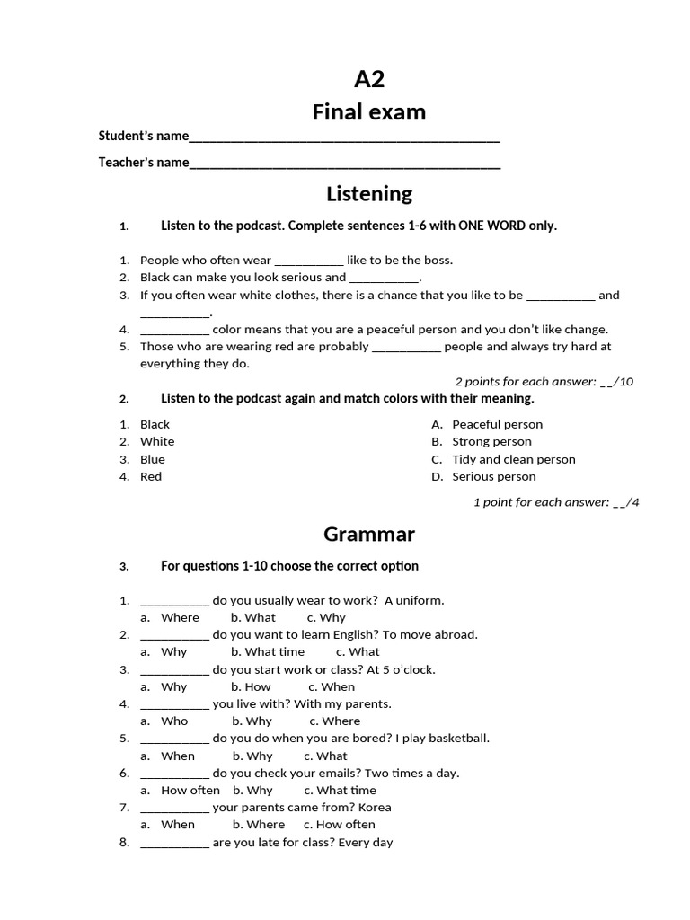 Final Exam: Listening, Grammar, Vocabulary | PDF | Menu