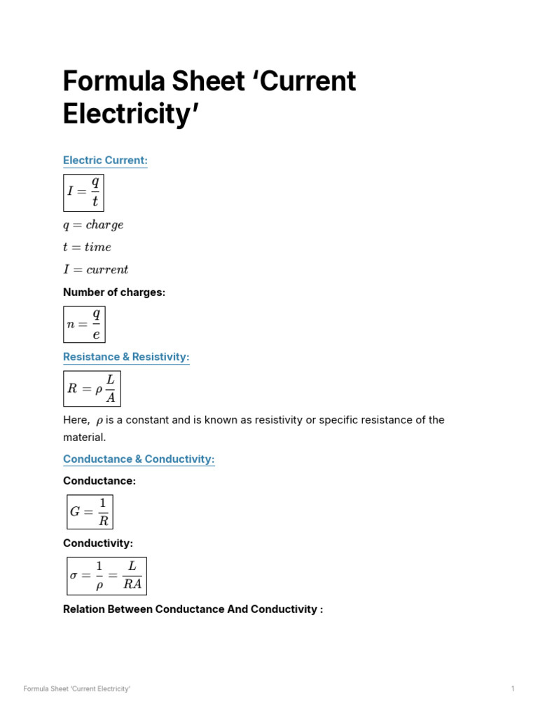 Formula Sheet Current Electricity | PDF | Electrical Resistivity And Conductivity | Electricity