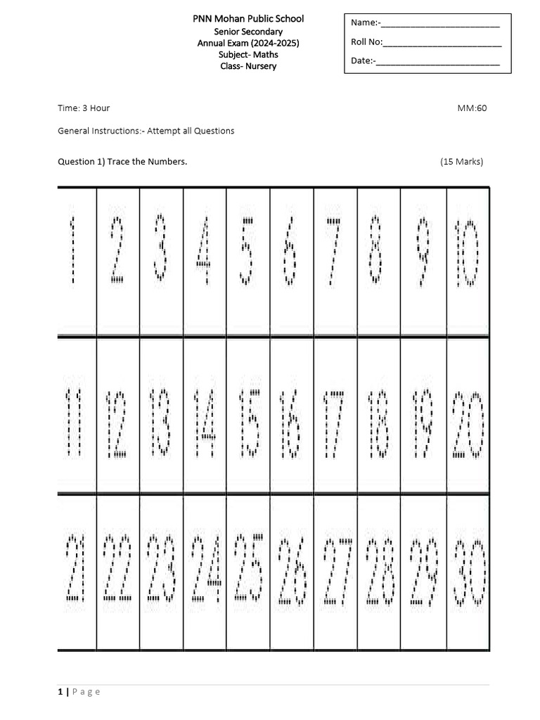 Nursery Class Maths Exam Paper 2024 | PDF