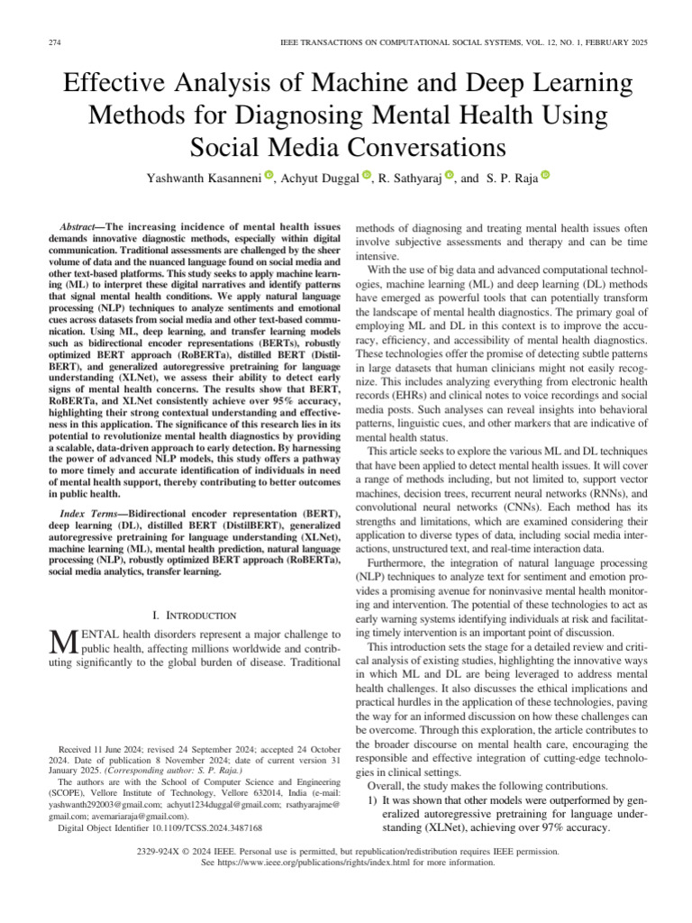 Effective Analysis of Machine and Deep Learning Methods For Diagnosing Mental He | PDF | Machine ...