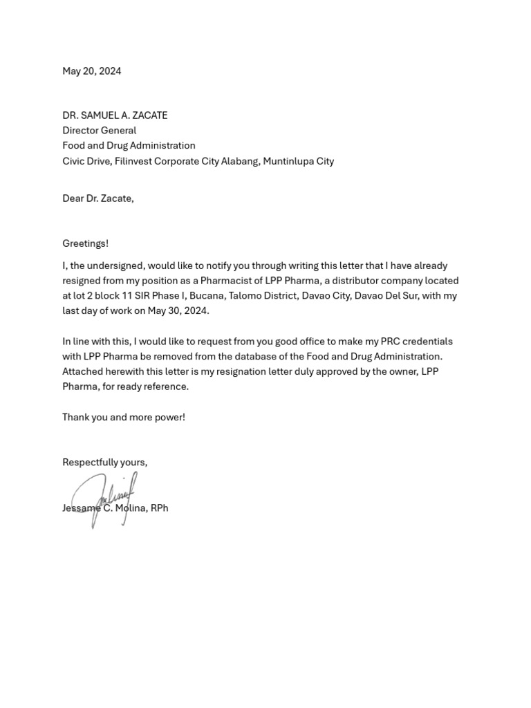 Pharmacist Resignation to FDA | PDF