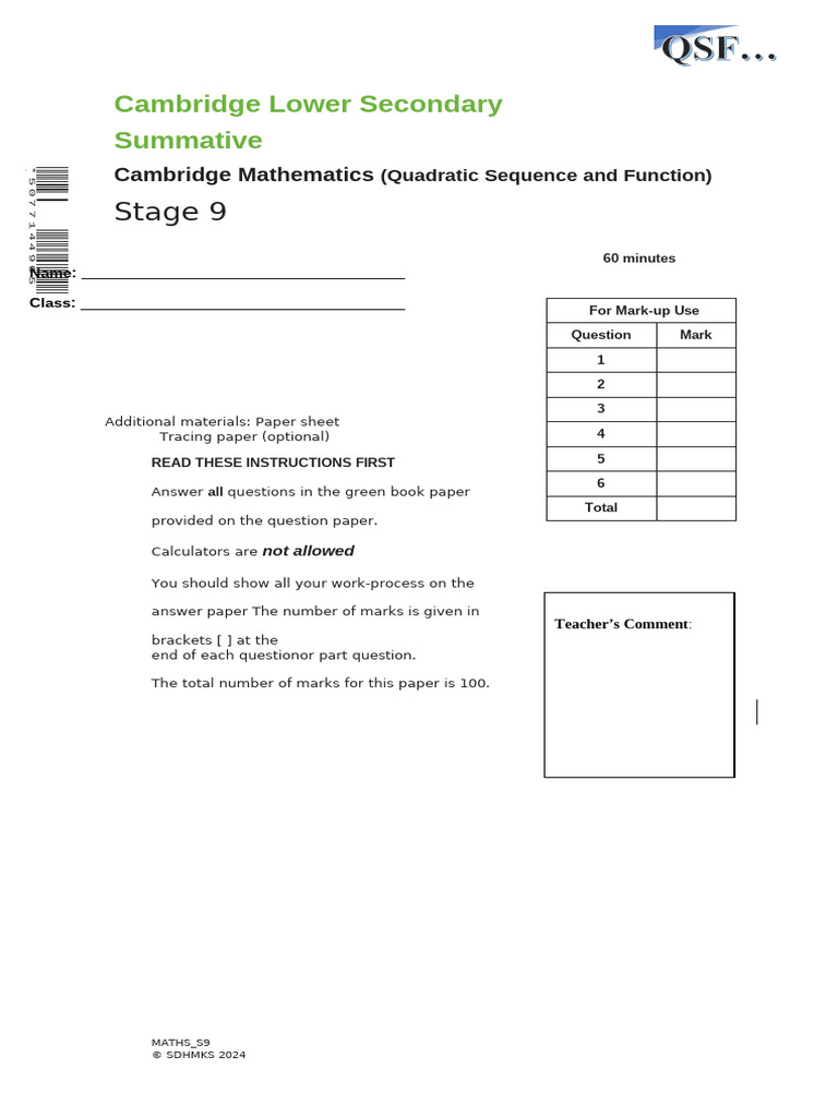 Quad Sequence and Function - Cambridge Lower Secondary Grade 9 ...