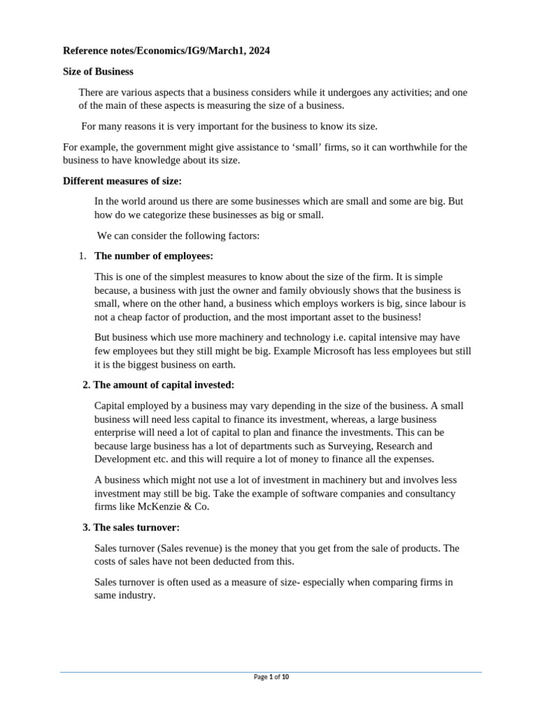 Ref. Notes - Economics - IGCSE - Size and Growth of Firms | PDF ...