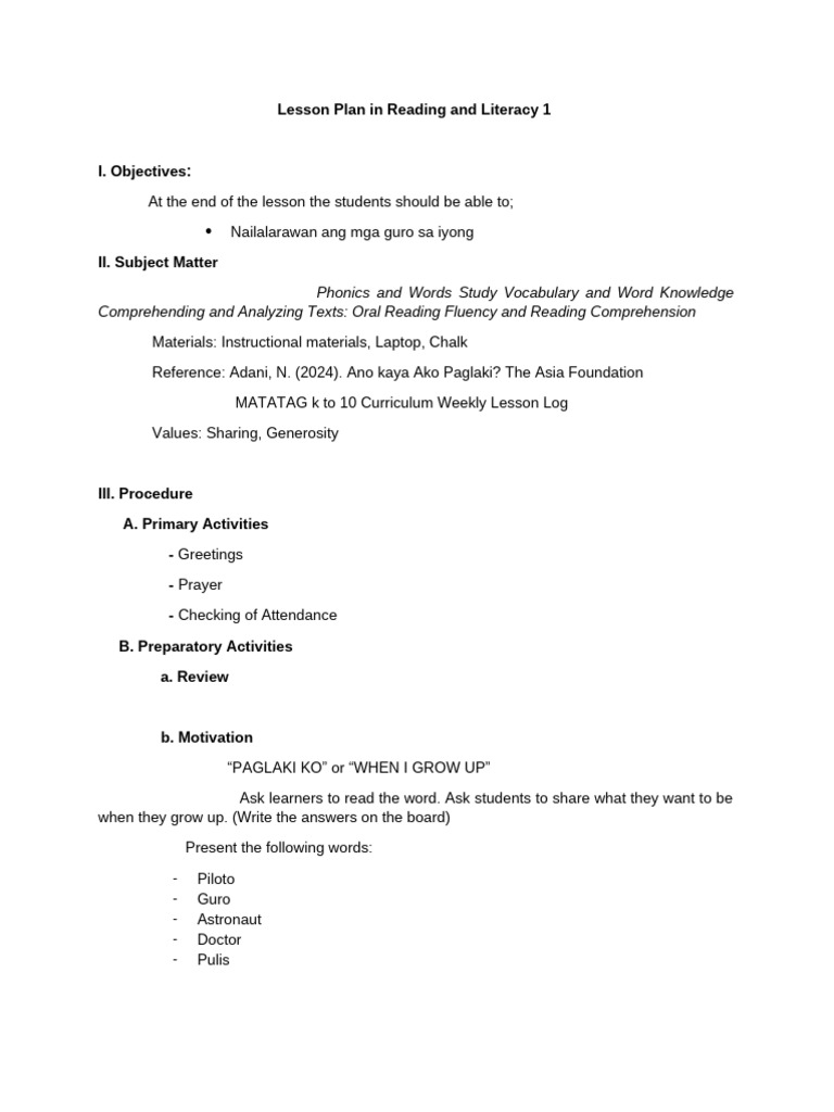 Lesson Plan in Reading and Literacy 1 | PDF | Cognitive Science ...
