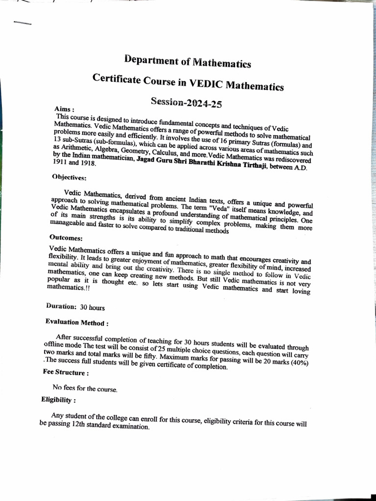 Vedic Maths Certificate Cource | PDF | Mathematics | Vedas