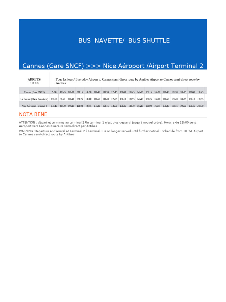 Nice Airport to Cannes Bus Schedule | PDF