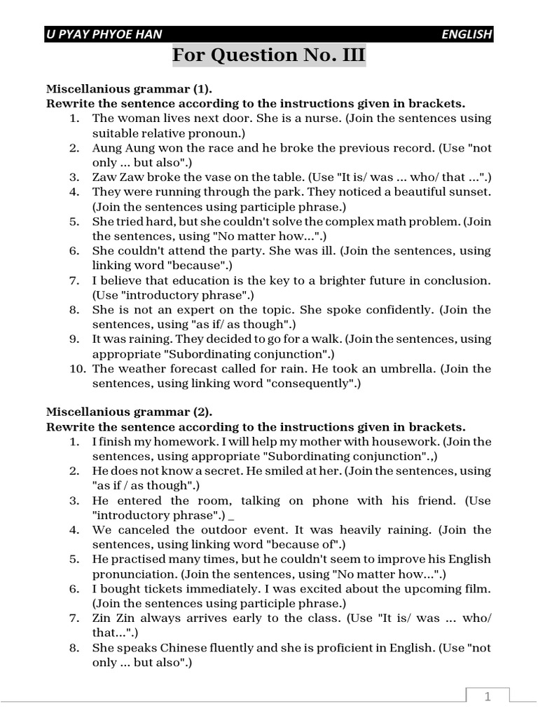 Grammar Sentence Rewriting Exercises | PDF | English Language ...