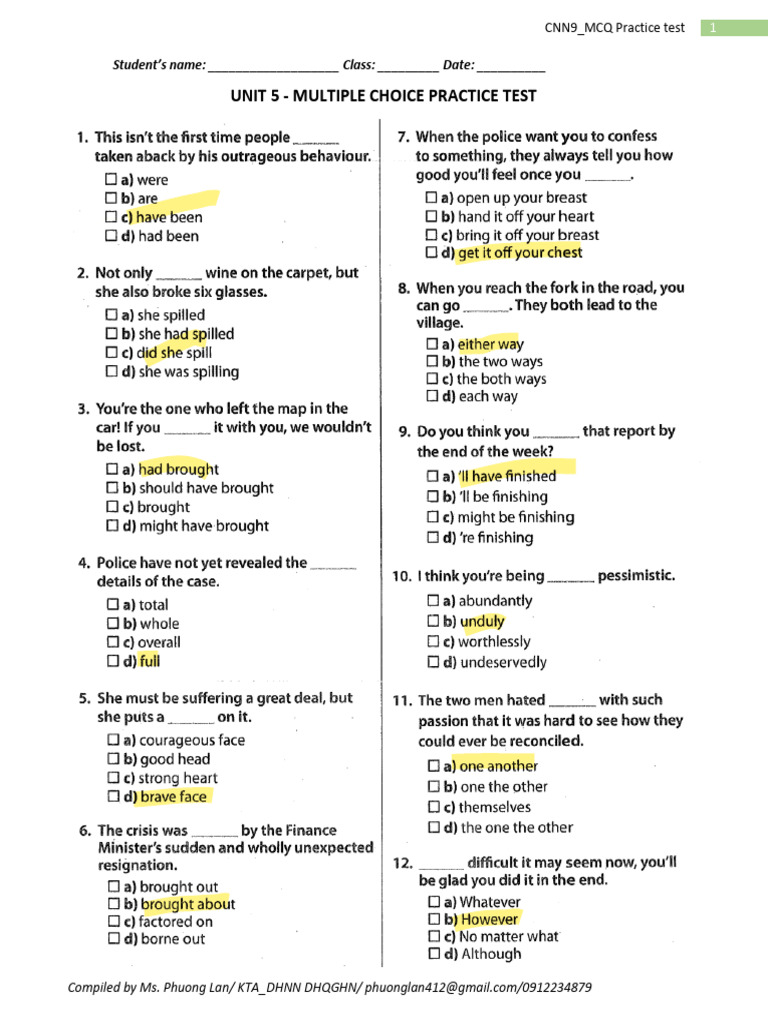 Unit 5 - Multiple Choice Practice Test: Student's Name: - Class: - Date ...