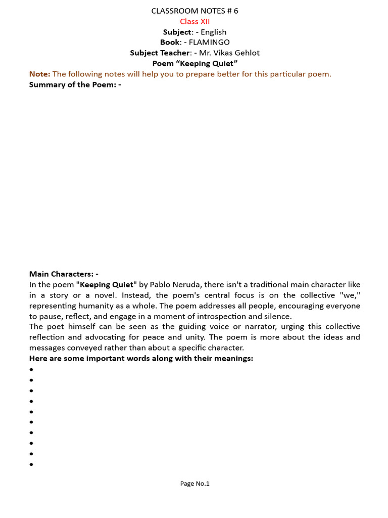 Cass XII Poem KEEPING QUIET Classroom Notes | PDF | Silence ...