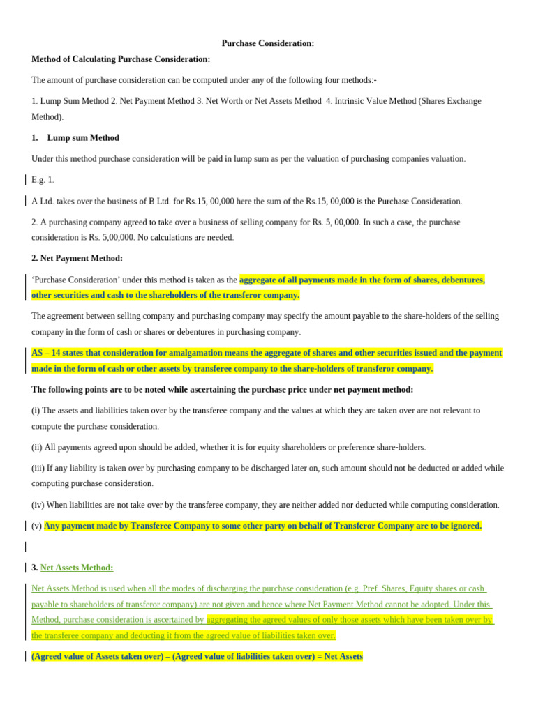 Purchase Consideration - Problems For Class | PDF | Equity (Finance ...