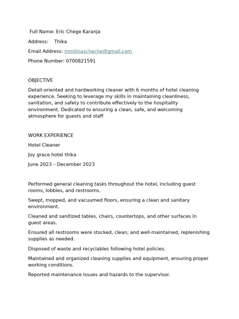 Hotel Cleaner Resume of Eric Karanja | PDF