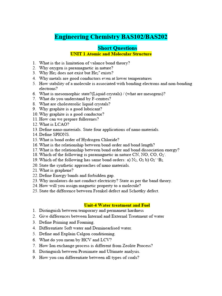 Question Bank BAS102 - BAS202 | PDF | Electrochemistry | Chemical Bond