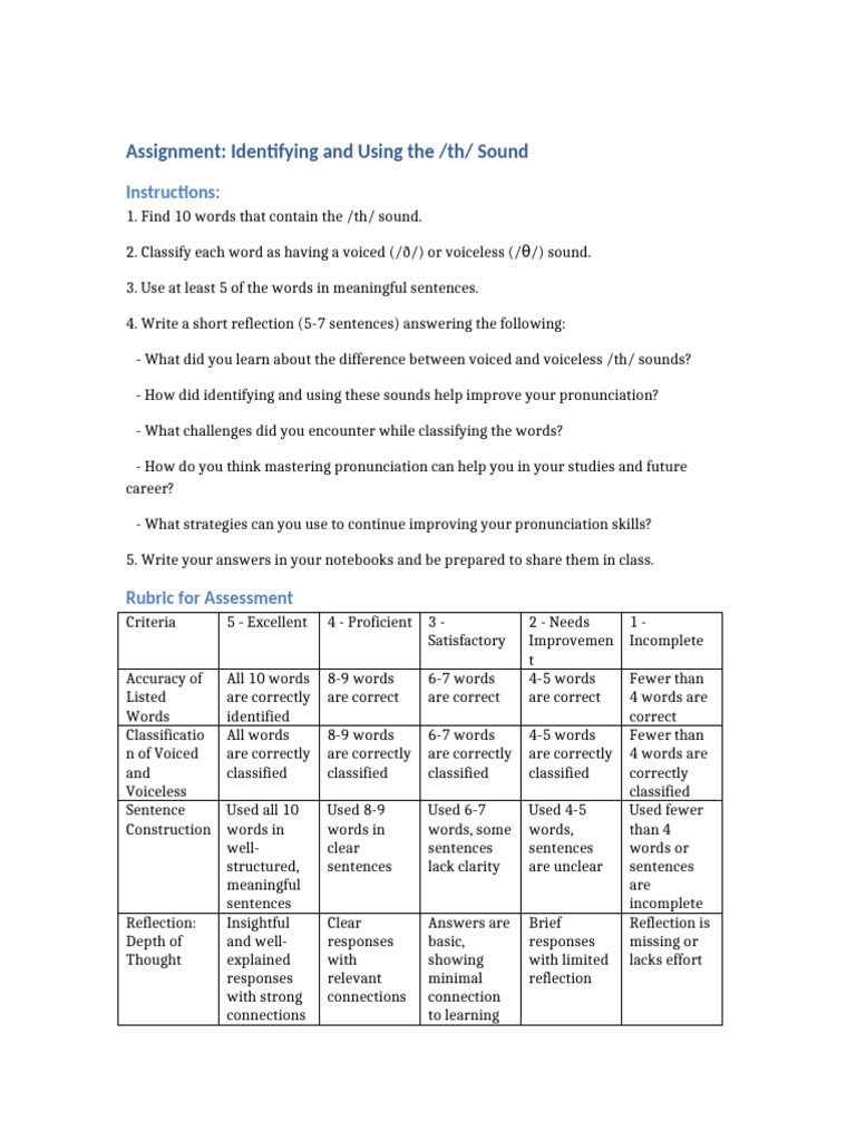 TH Sound Assignment Rubric | PDF | Cognitive Science | Linguistics