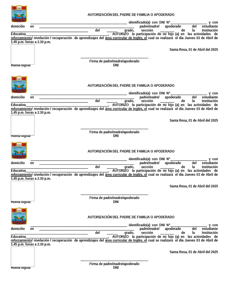 Autorización Del Padre de Familia o Apoderado Pilar | PDF | Autenticación