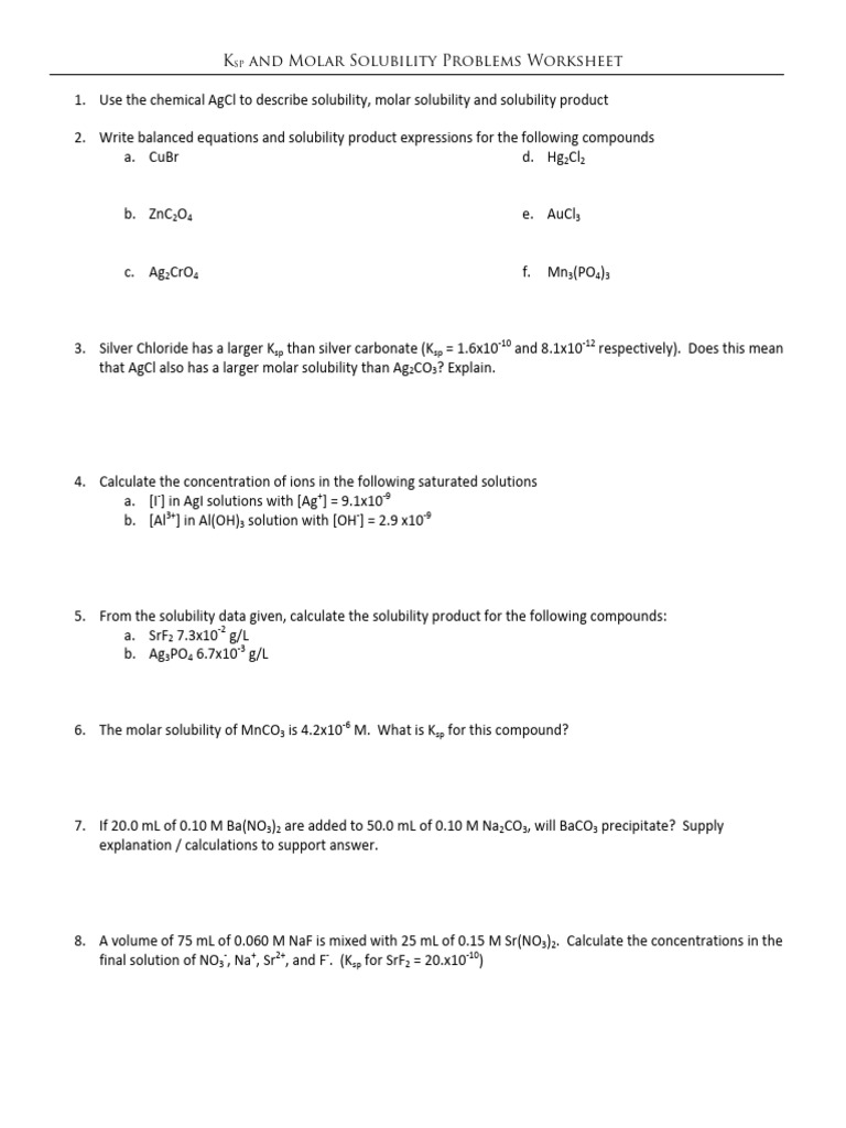 KSP and Molar Solubility Problems Worksheet | PDF | Solubility | Mole (Unit)