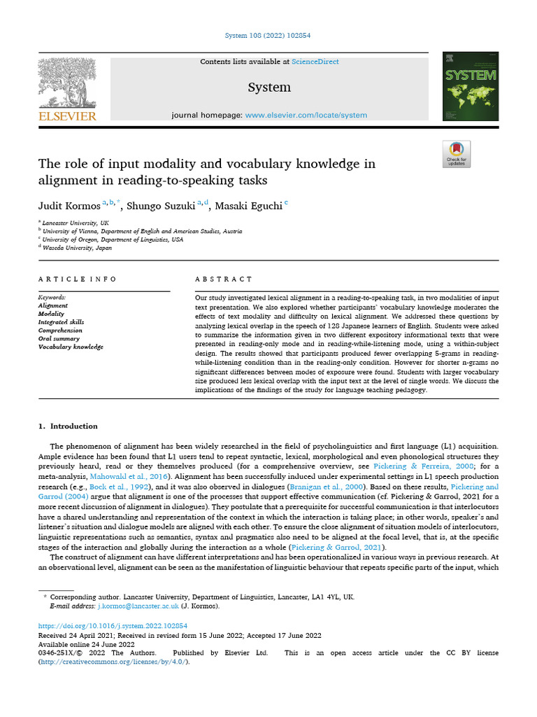 The role of input modality and vocabulary knowledge in alignment in reading-to-speaking tasks ...