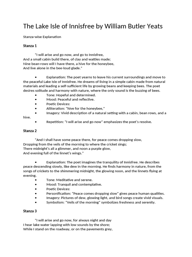 The Lake Isle of Innisfree by William Butler Yeats | PDF | Meditation