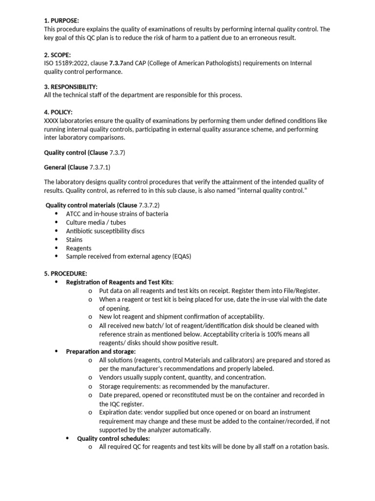 TEMPLATE-Quality Control Procedures | PDF | Staphylococcus | Streptococcus