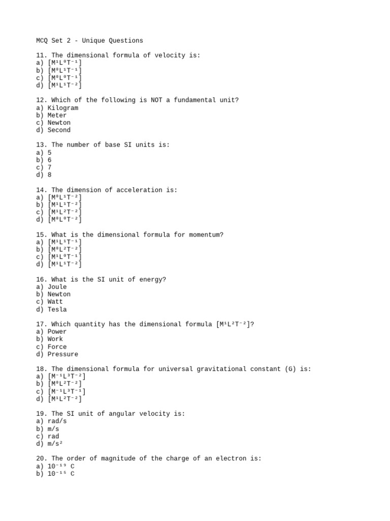 MCQ on Dimensional Analysis and SI Units | PDF