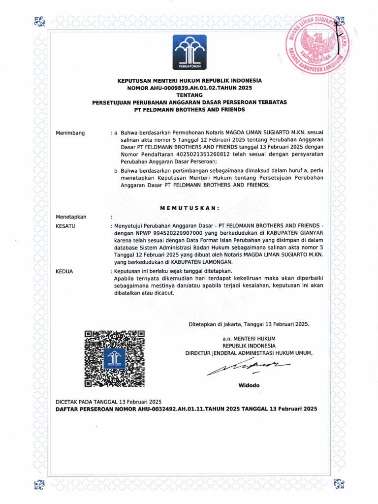 Scanned SK Persetujuan Perubahan Perseroan PT. Feldmann Brother and Friends. | PDF