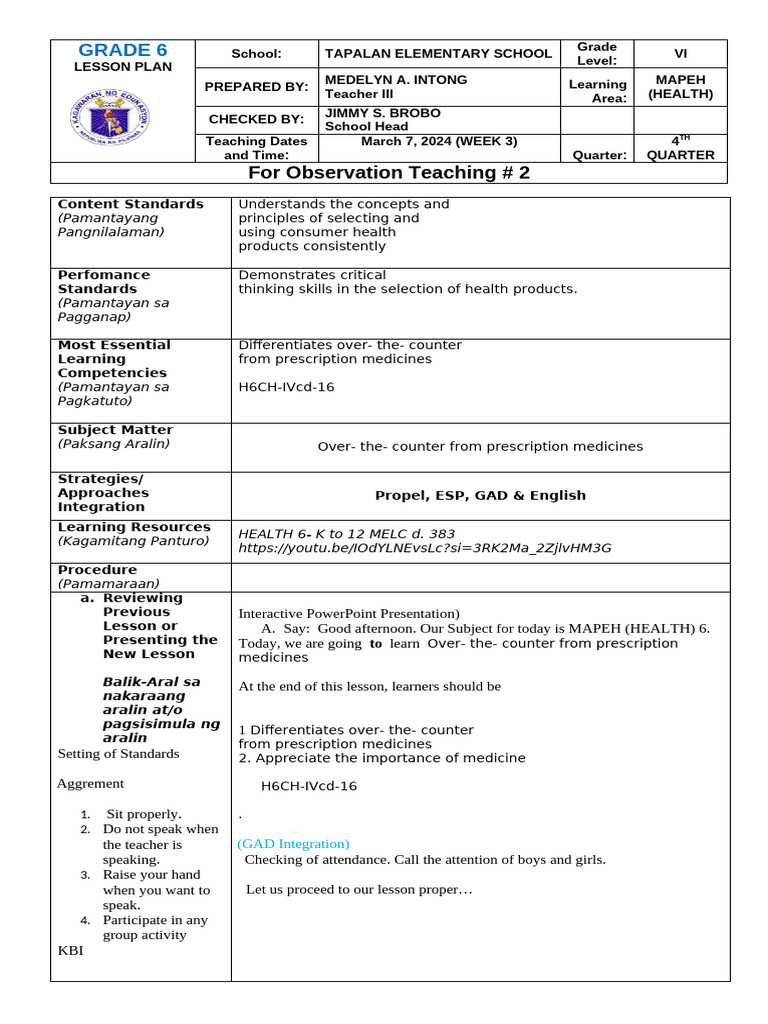 Cot LP MAPEH 6 Q 4 WEEK 3 - Revised | PDF | Over The Counter Drug | Prescription Drugs