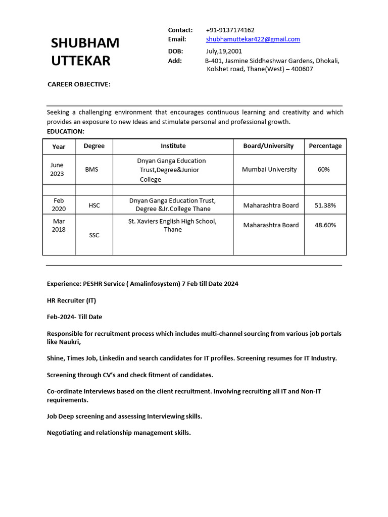 Shubham Uttekar Resume New-2024 Updated Resume Updated | PDF | Recruitment