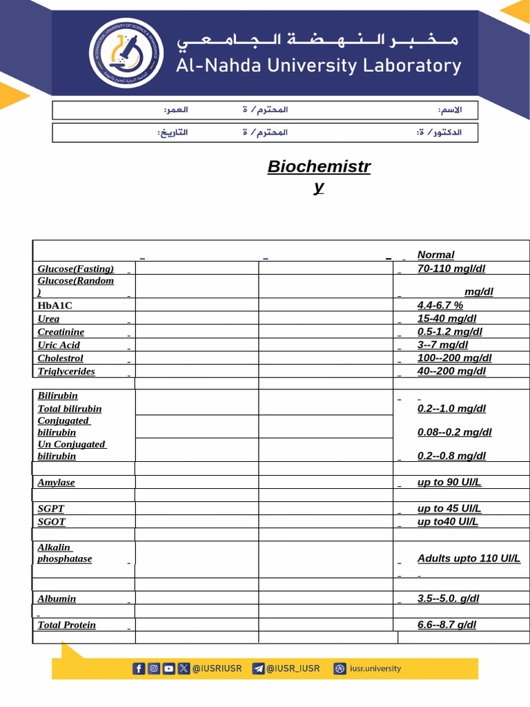 Biochemistry Normal Ranges Guide | PDF