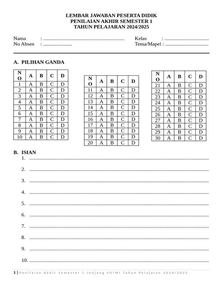 Format Lembar Jawaban Kur 2013 Versi 1 | PDF