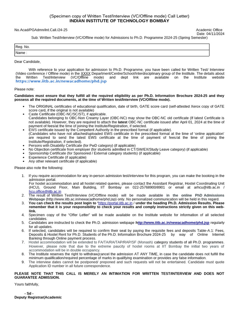 PH.D Interview Spring Sem Call Letter 2024-25 | PDF | Doctor Of Philosophy