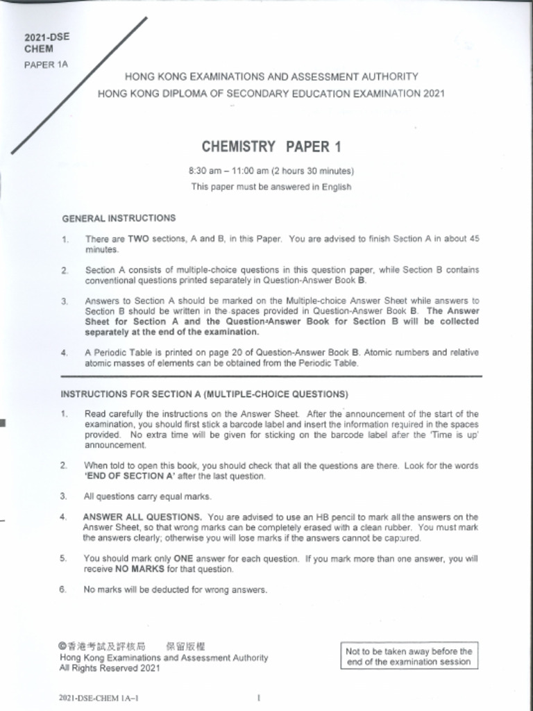 2021 DSE Chem Paper 1A (English) | PDF