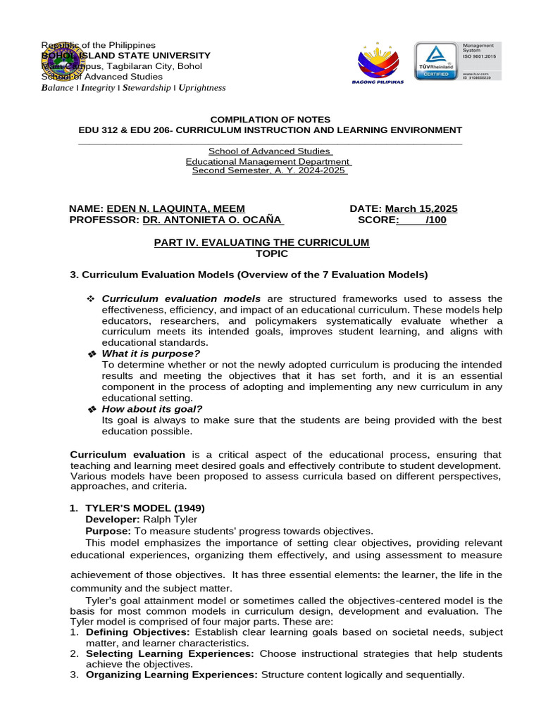 Edu 312 Edu 206 Bisu Iso Compilation Notes | PDF | Curriculum | Evaluation