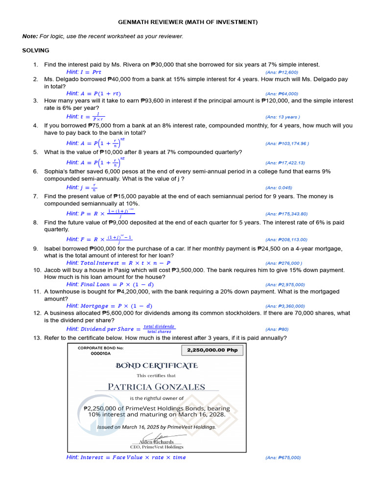 GENMATH REVIEWER Q4 Math of Investment | PDF | Bonds (Finance) | Stocks