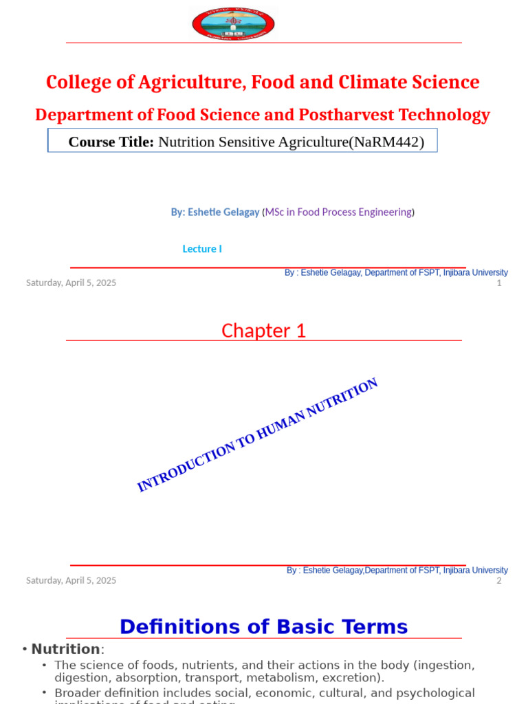 Lecture 1 Nutrition Sensitive Agriculture | PDF | Malnutrition | Nutrition