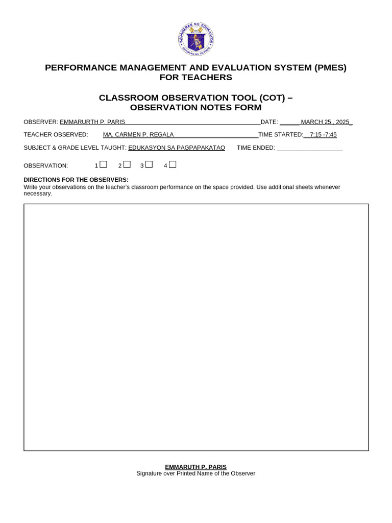 Classroom Observation Notes Form | PDF