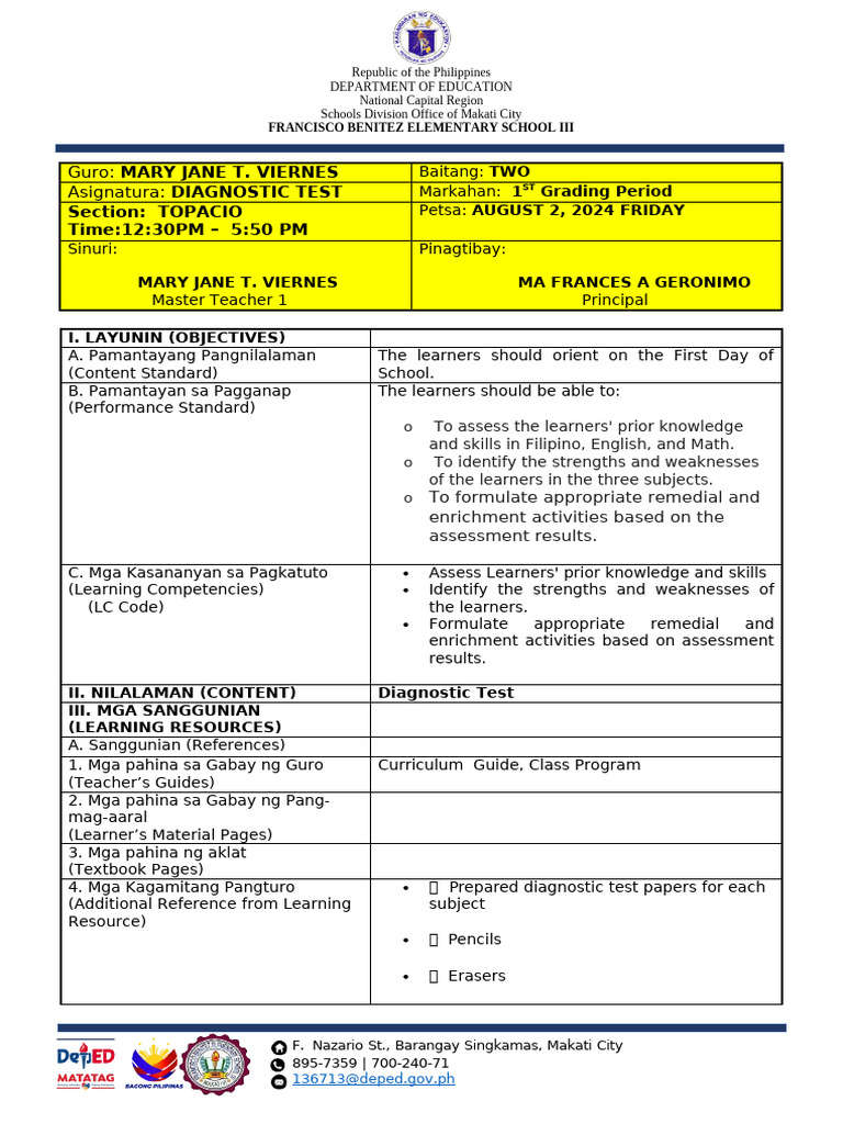 Diagnostic Test Lesson Plan | PDF | Teachers | Learning